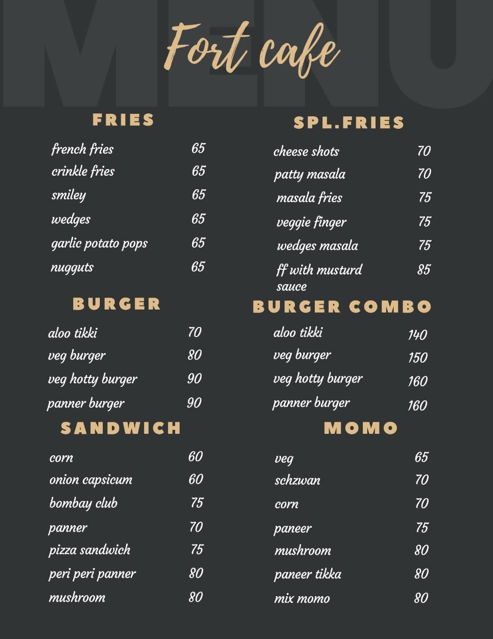 Menu at FORT CAFE, Chitradurga