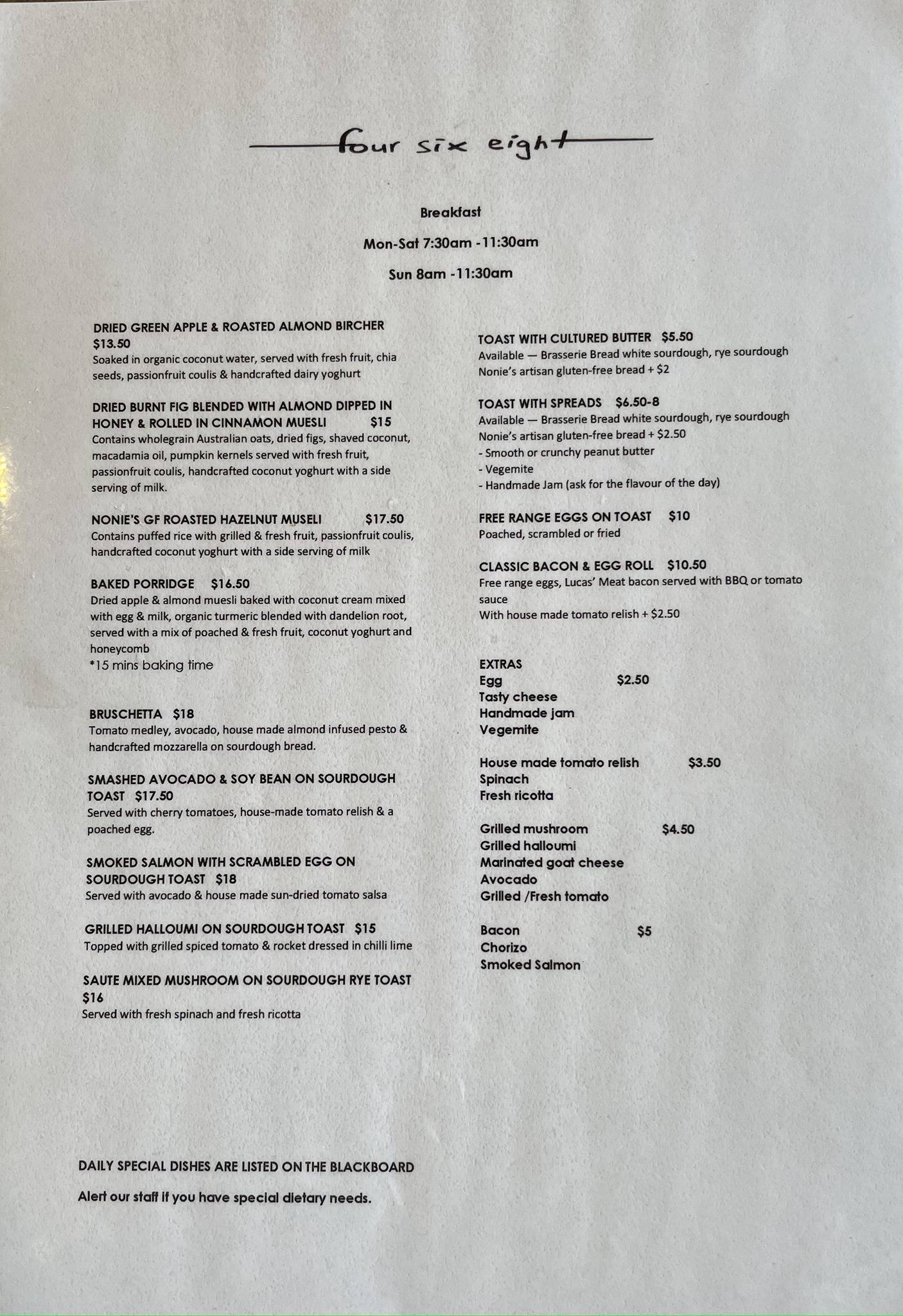 Menu at Four Six Eight Cafe, Paddington