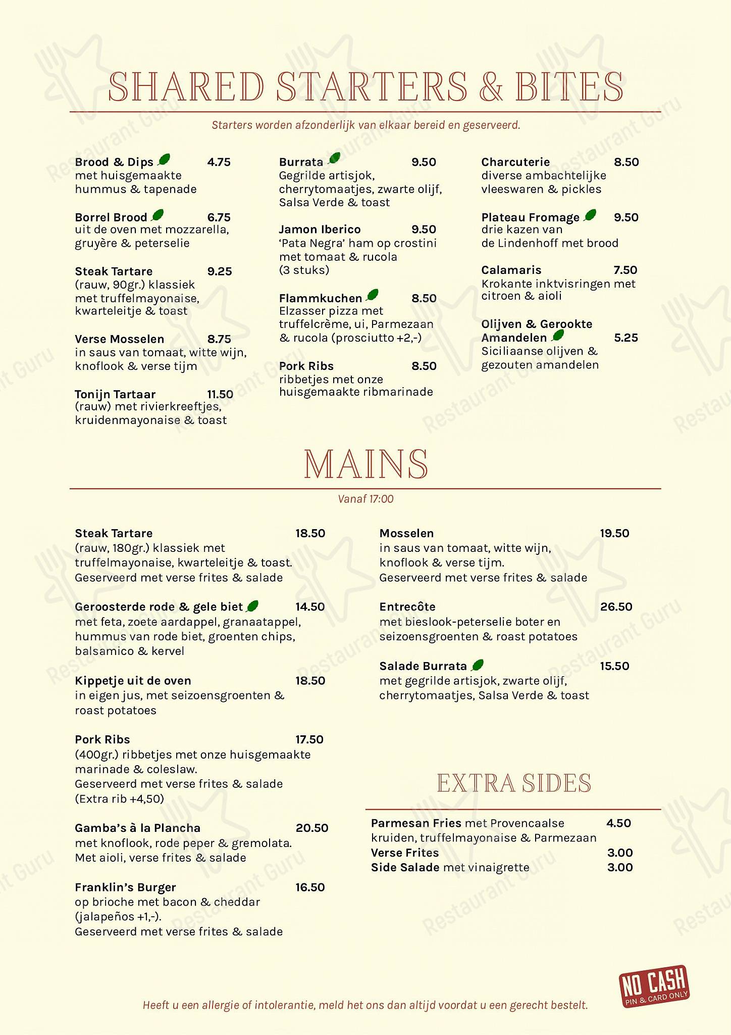 Menu at Cafe Franklin, The Hague