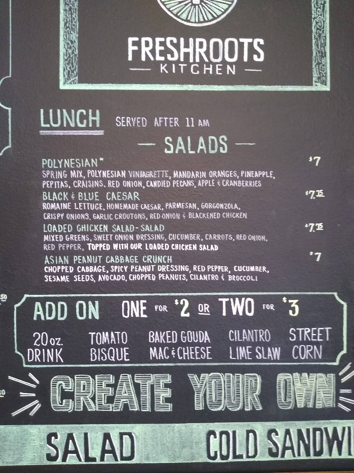 Menu at Freshroots Kitchen cafe, Tallahassee