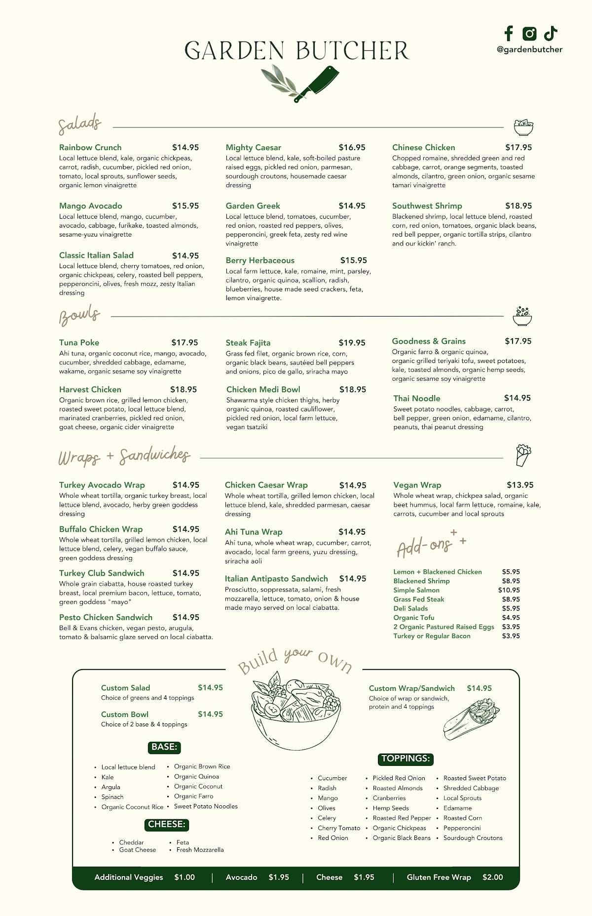 Menu at Garden Butcher cafe, Boca Raton