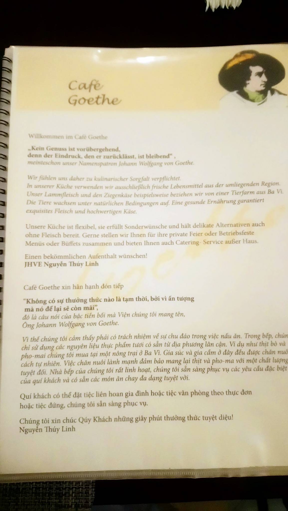Menu at Café Goethe restaurant, Hanoi, 56 P. Nguyễn Thái Học