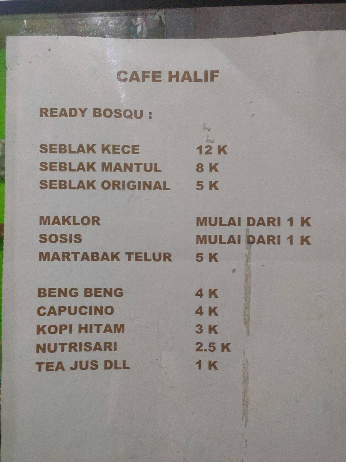 Menu at Cafe Halif, Sukamantri