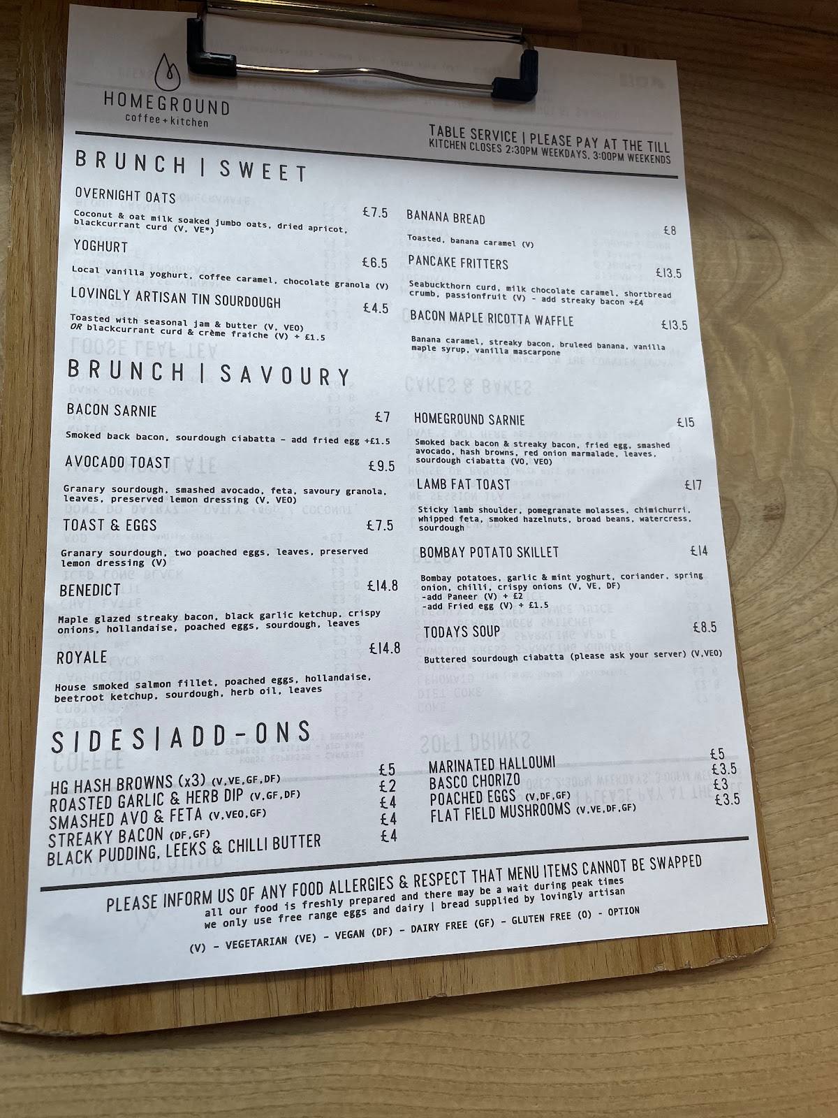 Menu at Homeground Coffee + Kitchen cafe, Windermere