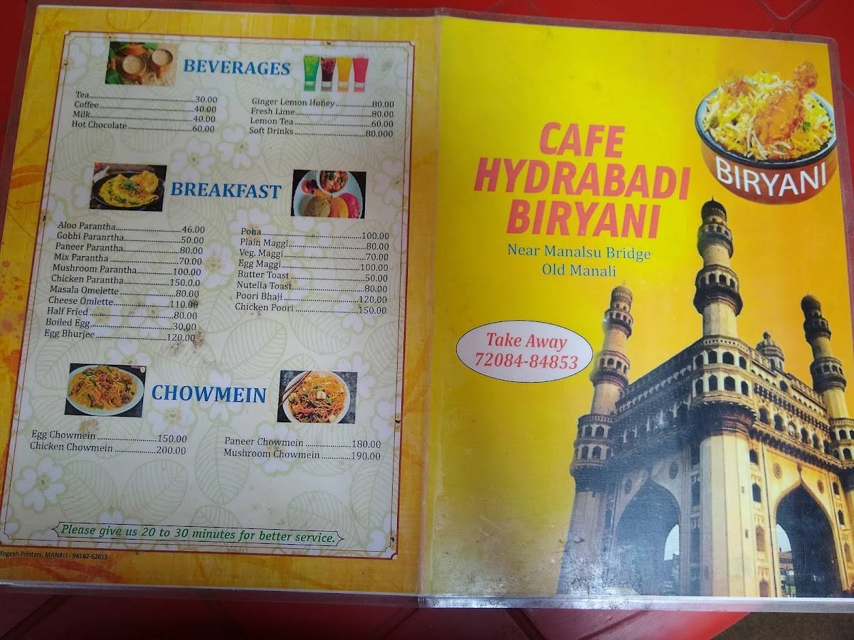 Menu at Cafe Hyderabadi Biryani, Manali