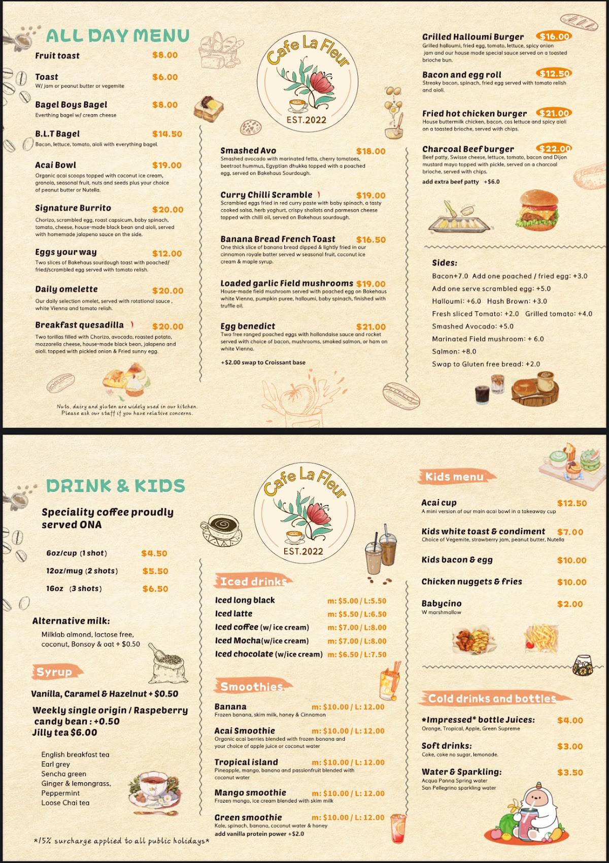 Menu at Cafe La Fleur, Arundel