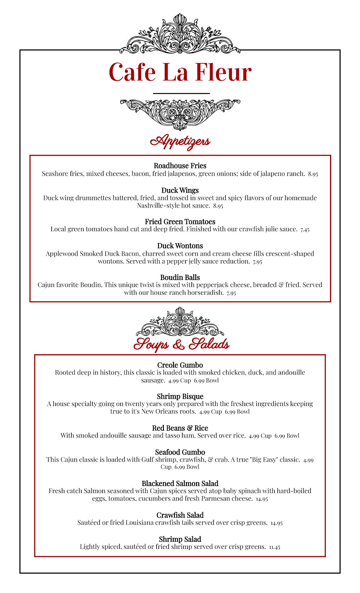Menu at Cafe La Fleur, Laurel