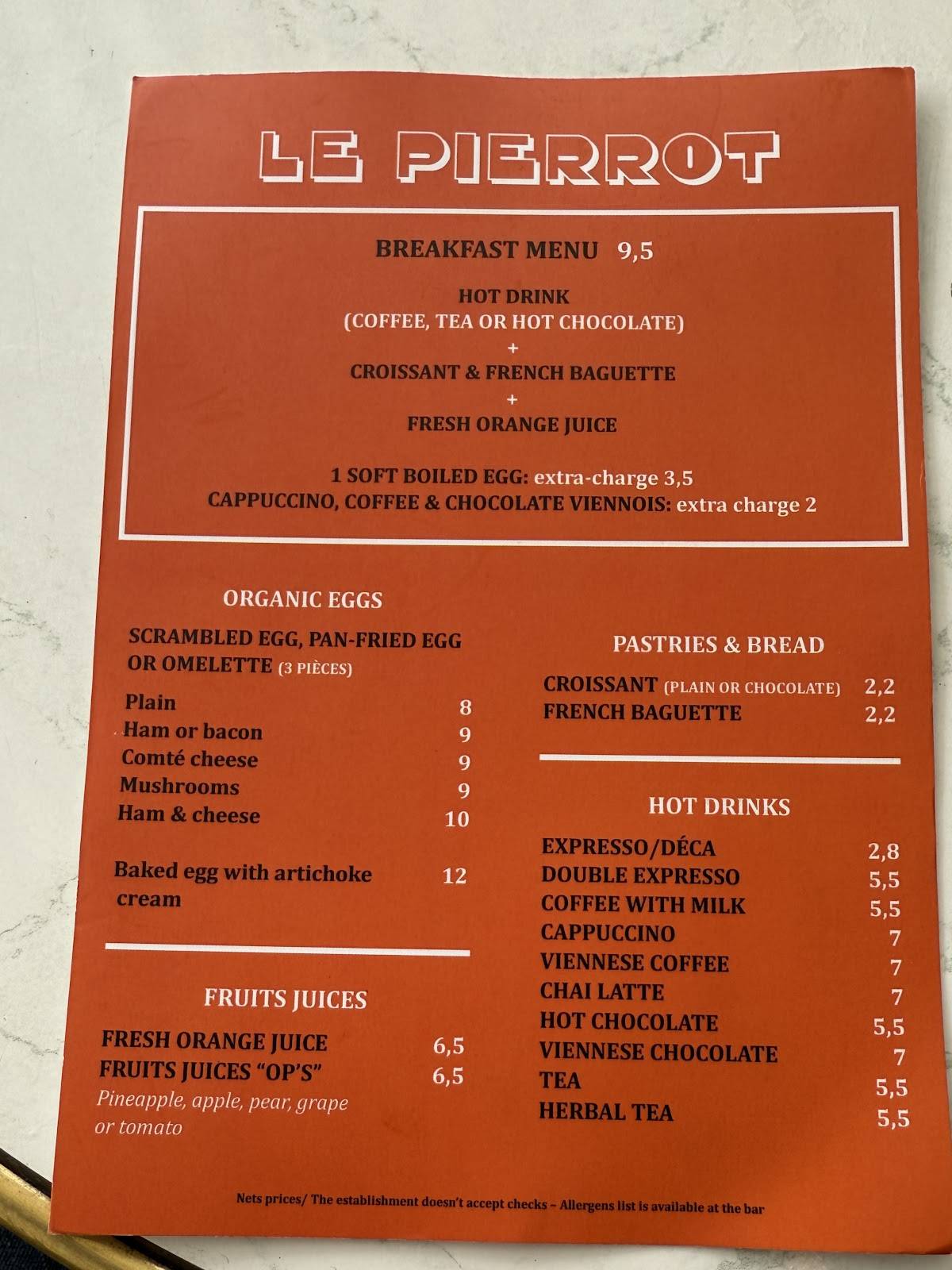 Menu au Cafe Le Pierrot, Paris, 67 Av. de la Motte-Picquet