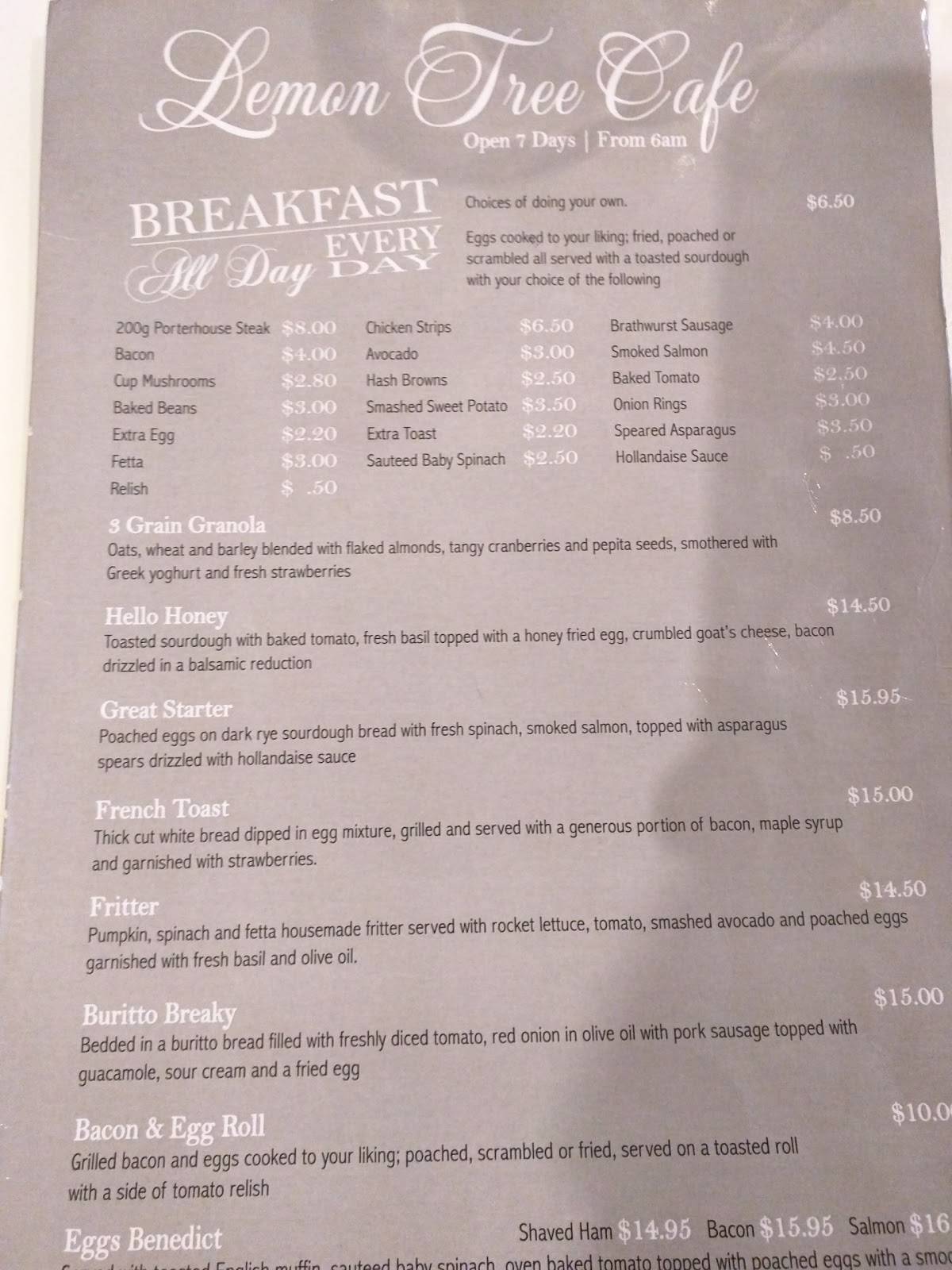 Menu at Lemon Tree Cafe, Shepparton