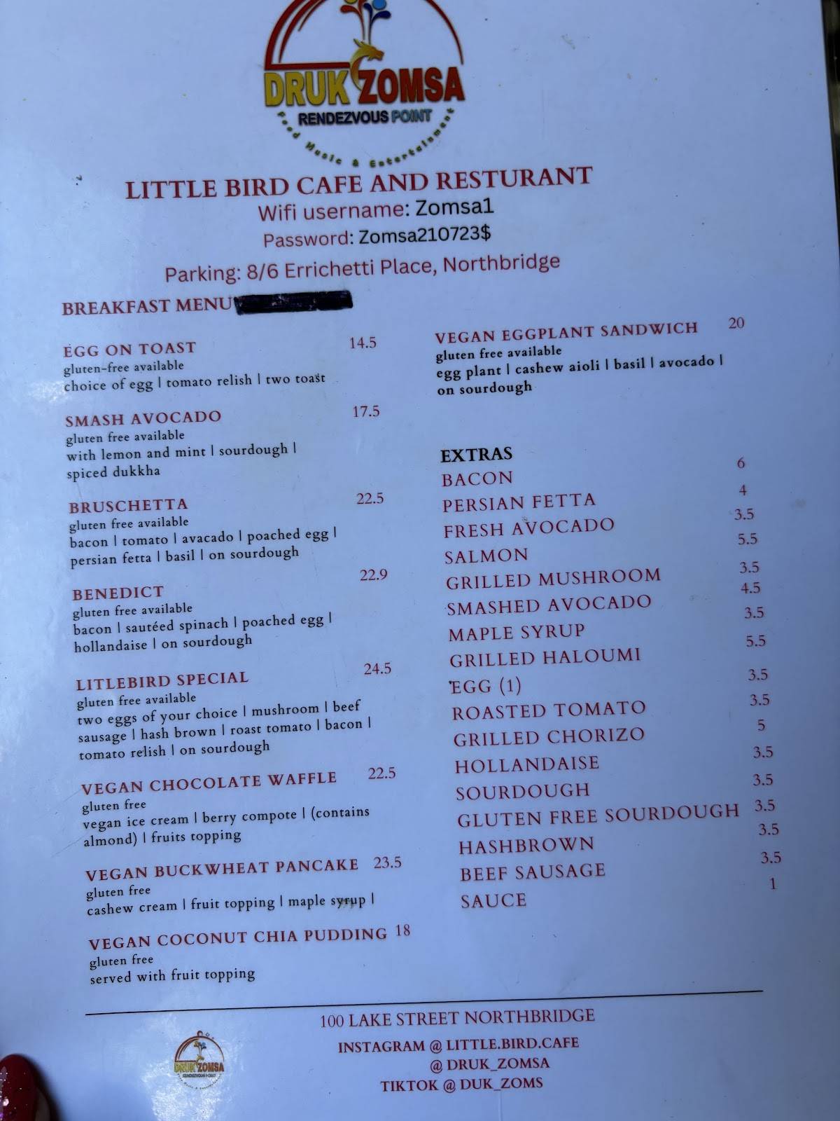 Menu at Little Bird Cafe and restaurant, Northbridge