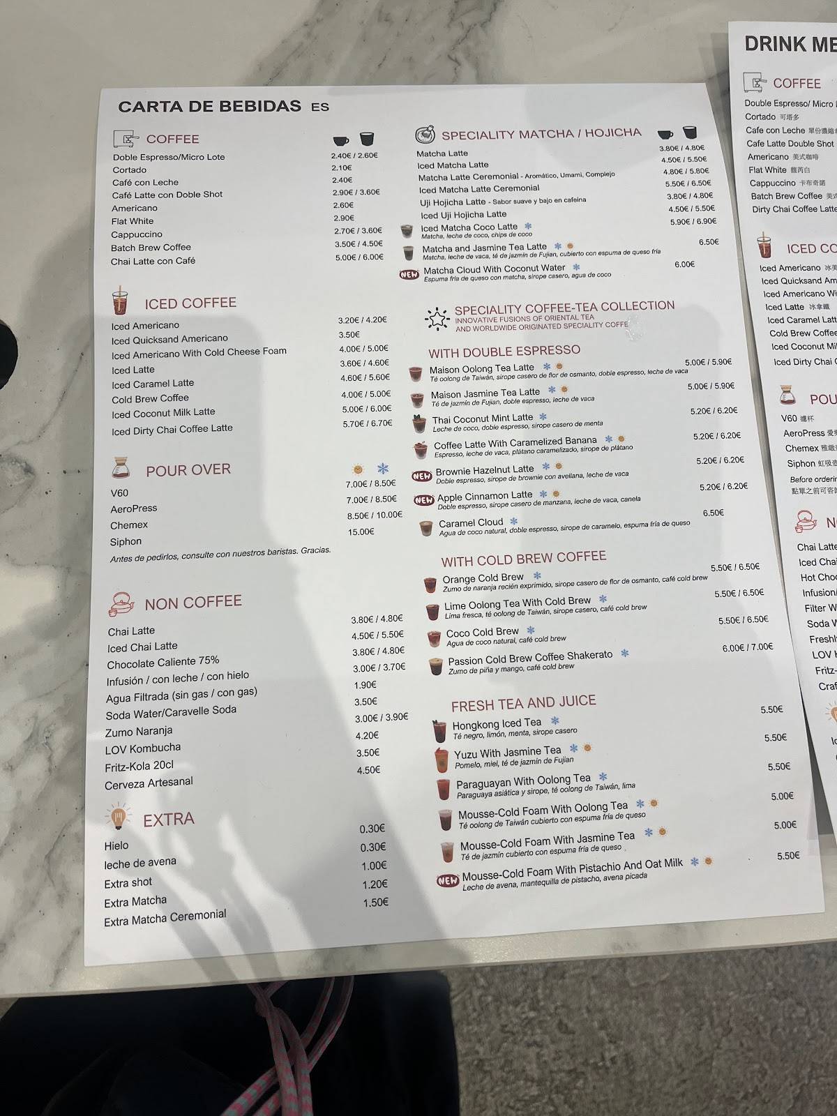 Carta del café Maison coffee, Barcelona
