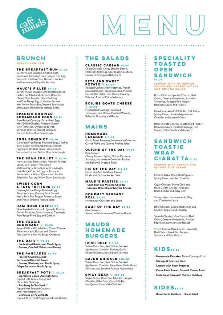 Menu at Cafe Mauds, Belfast, 555 Lisburn Rd