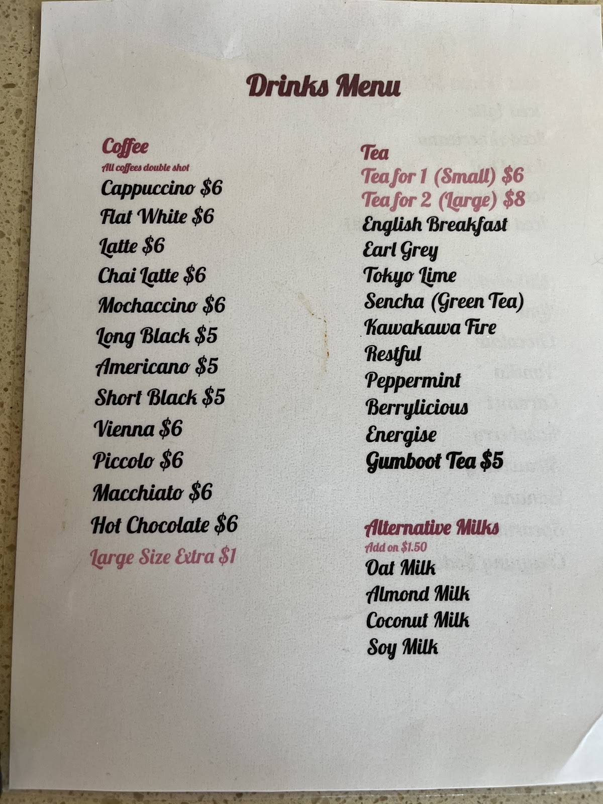Menu at Moeraki Boulders Cafe, Hampden