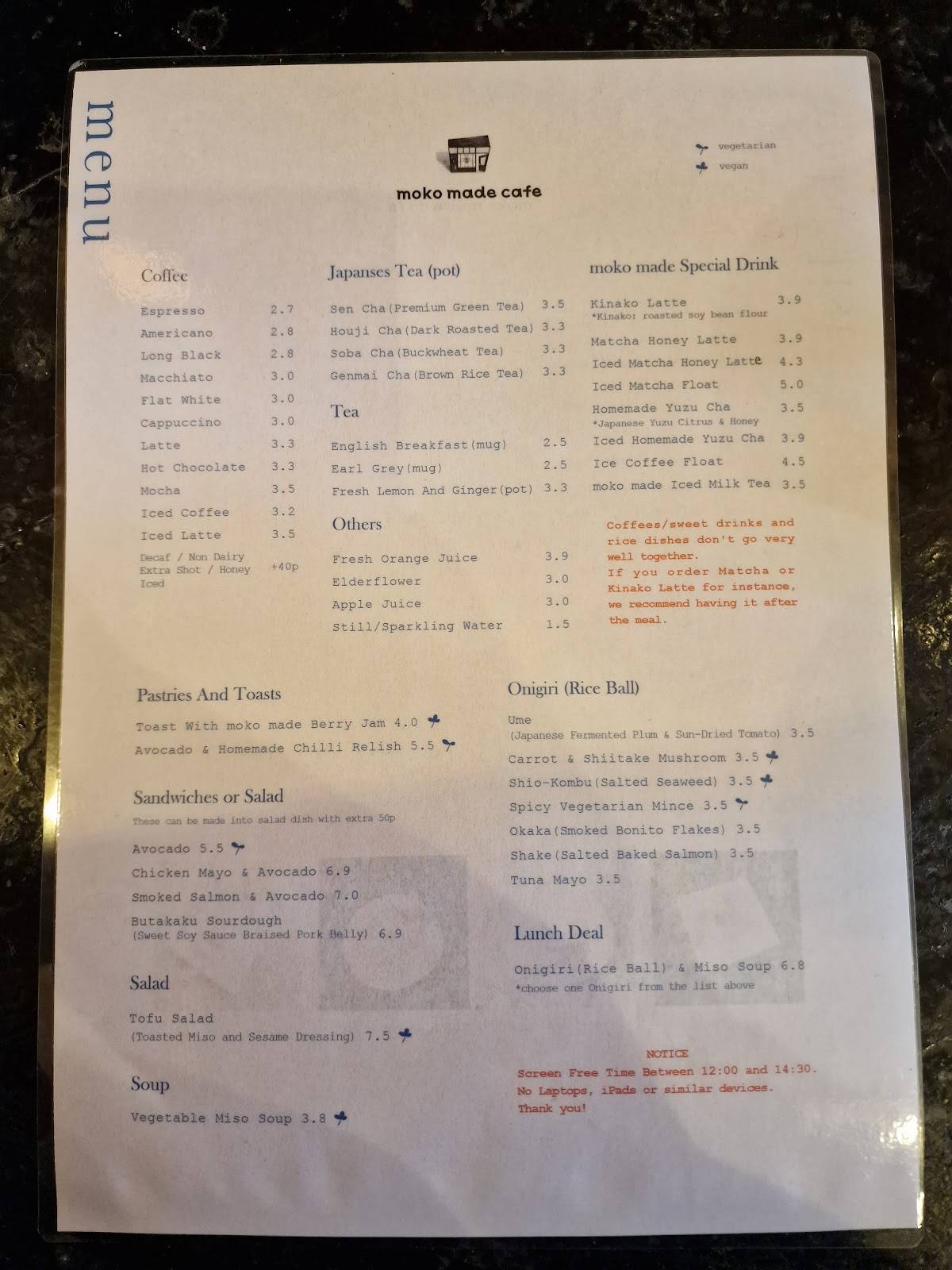 Menu at Moko Made Cafe, London