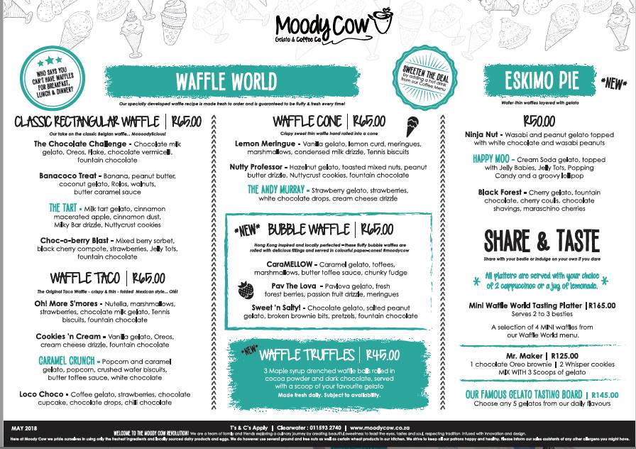 Menu at Moody Cow restaurant, Roodepoort