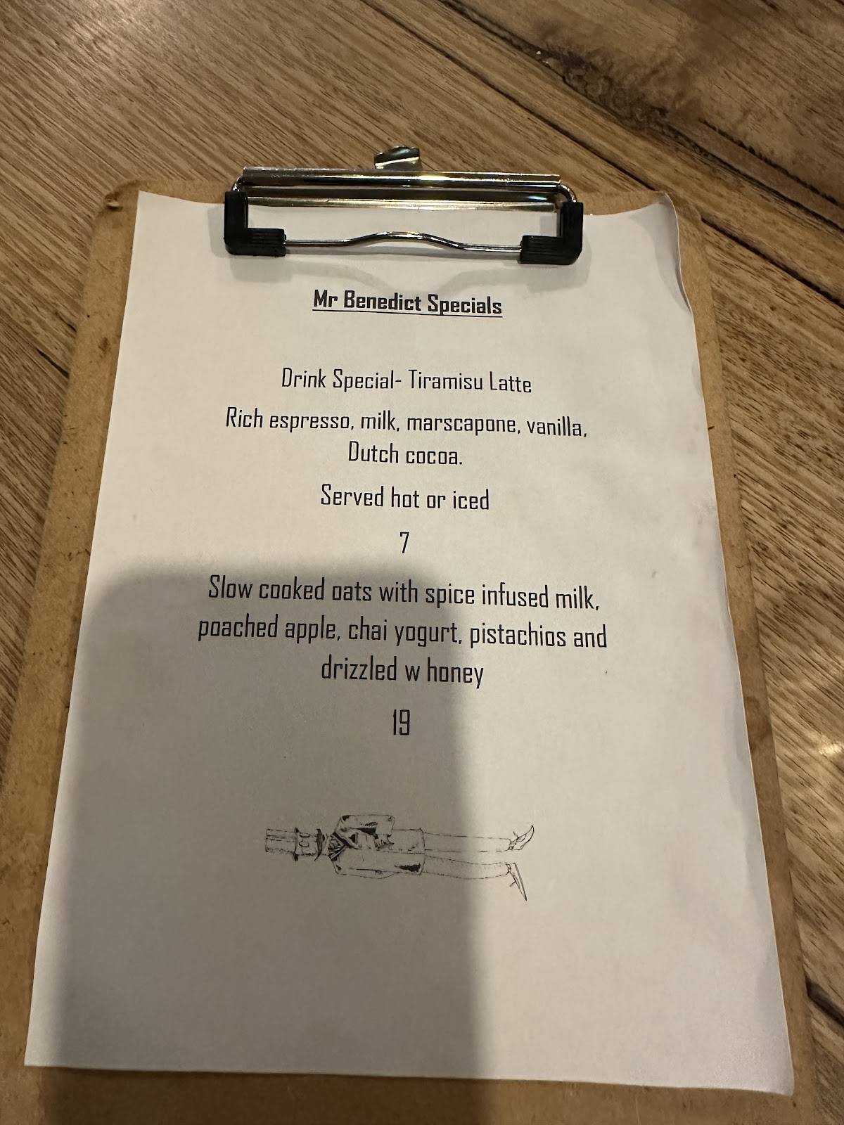 Menu at Mr. Benedict cafe, Albury