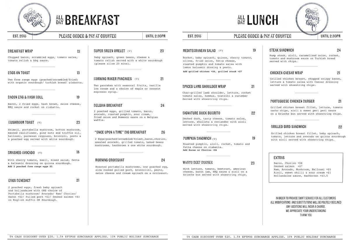 Menu at Cafe Once Upon a Time, West Ryde