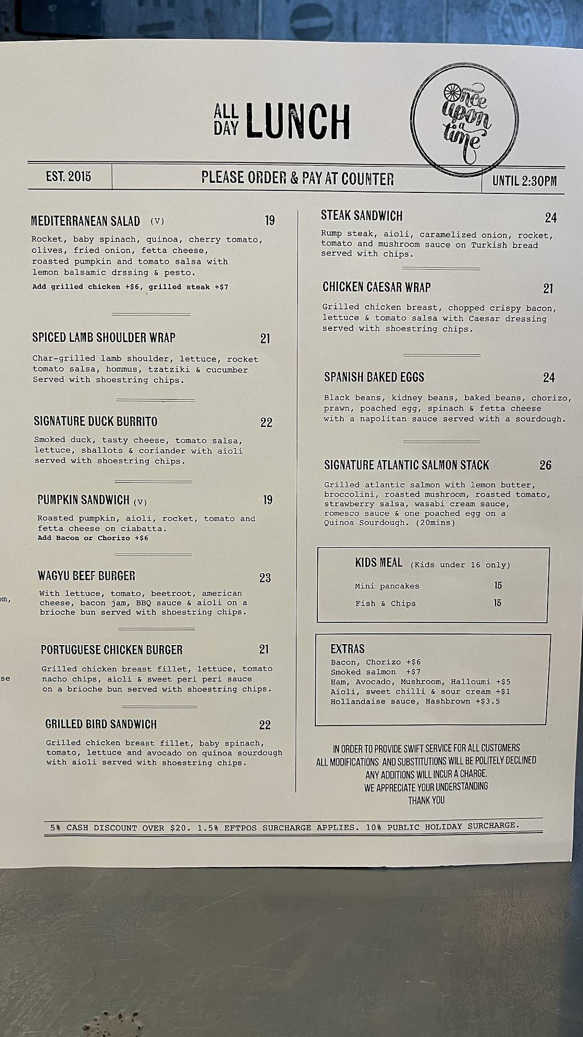 Menu at Cafe Once Upon a Time, West Ryde