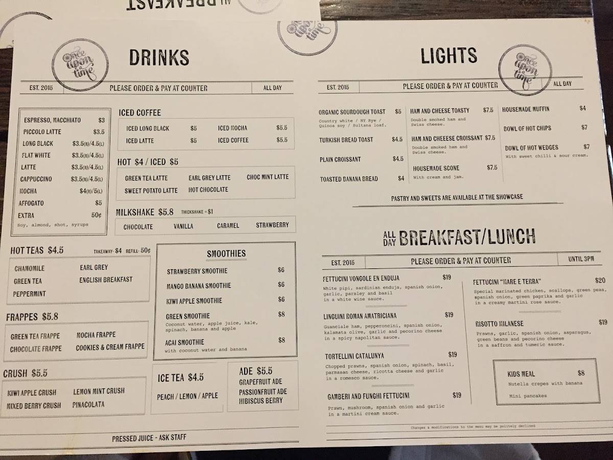 Menu at Cafe Once Upon a Time, West Ryde