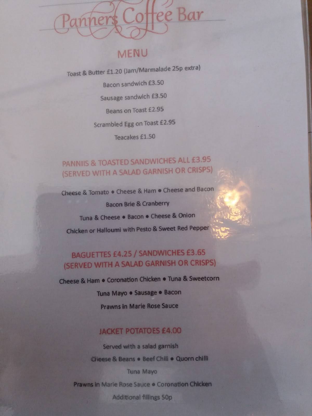 Menu at Panners Coffee Bar, Braintree