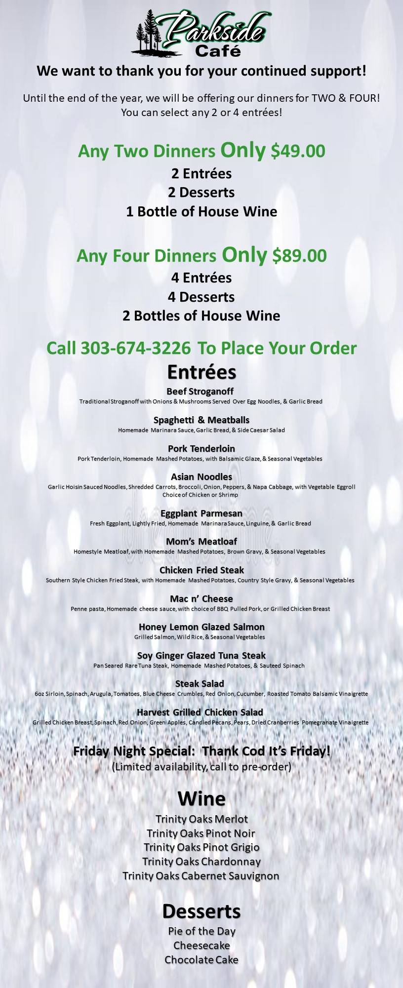 Menu at Parkside Cafe Evergreen, Evergreen
