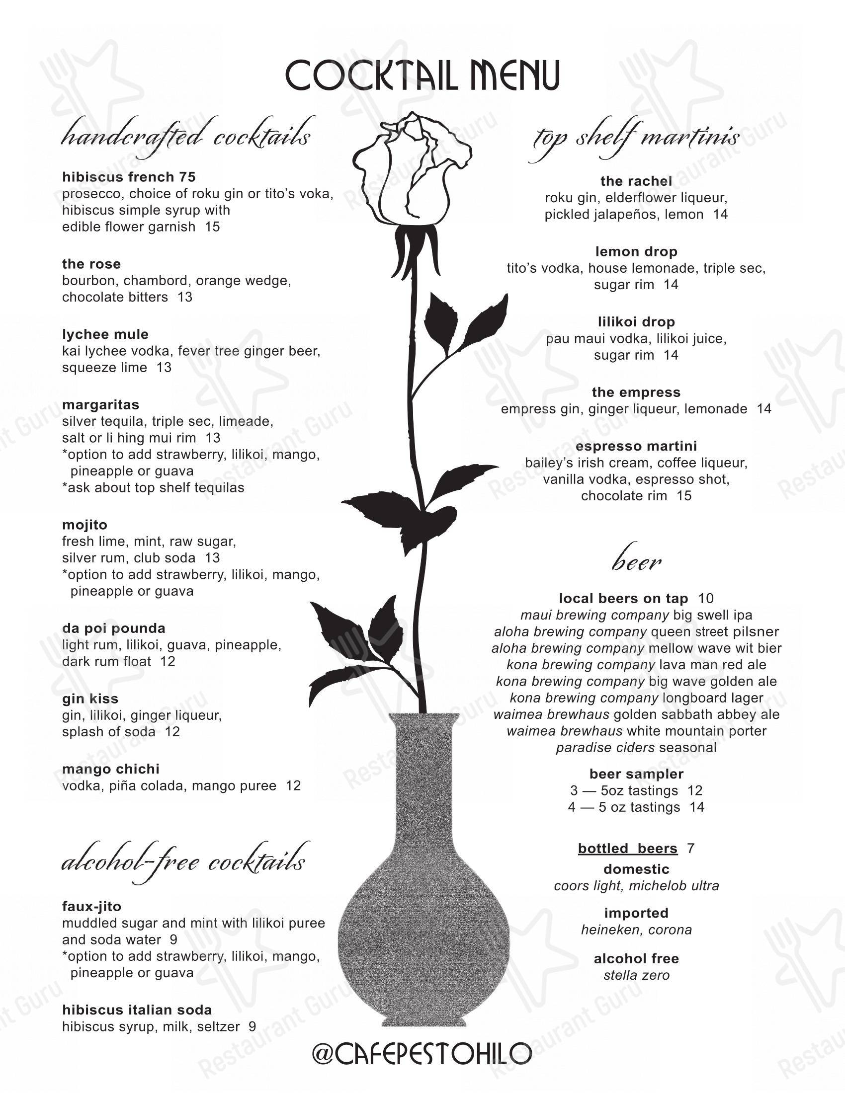 Menu at Cafe Pesto Hilo Bay, Hilo