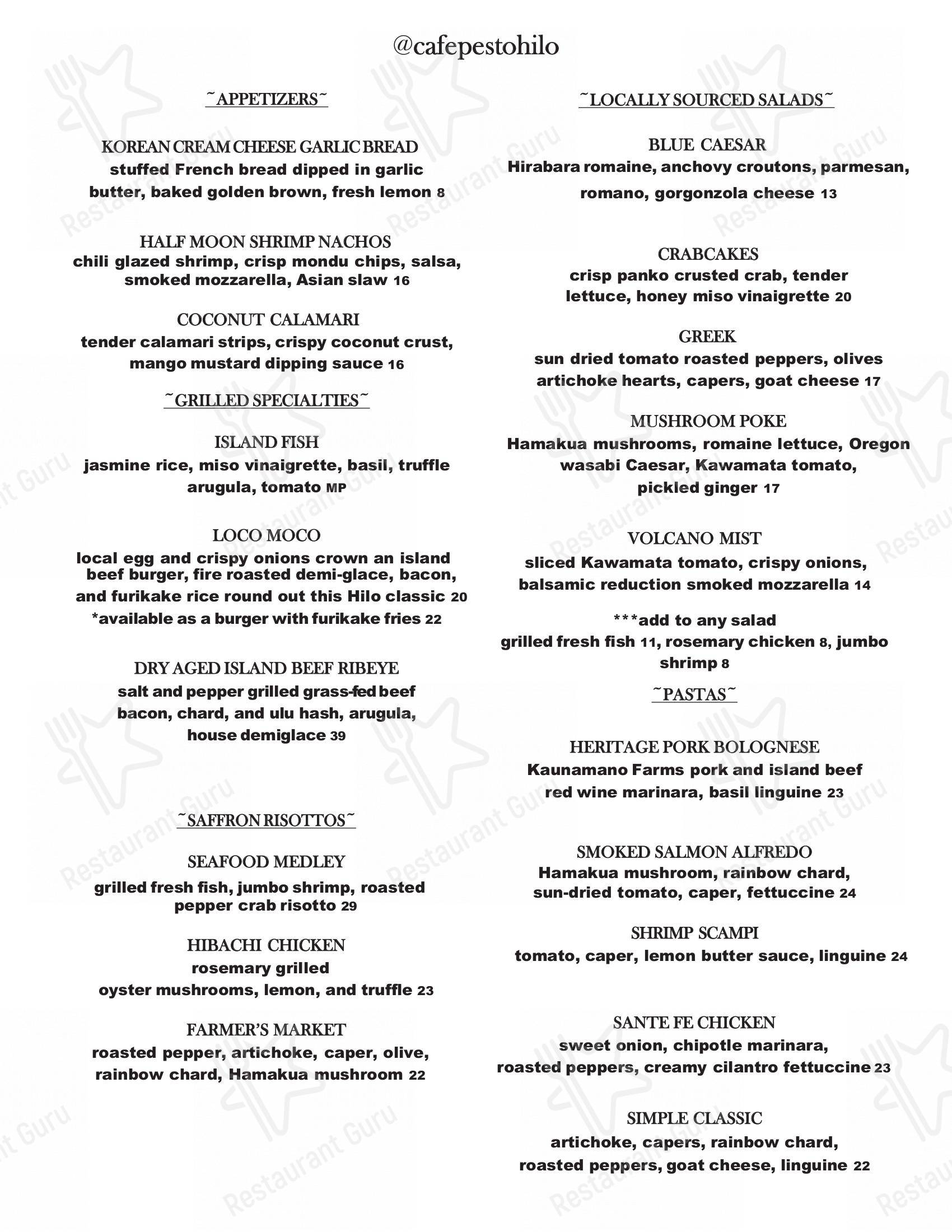 Menu at Cafe Pesto Hilo Bay, Hilo