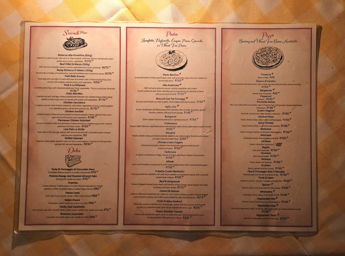 Menu at Cafe Picobella Trattoria, Johannesburg
