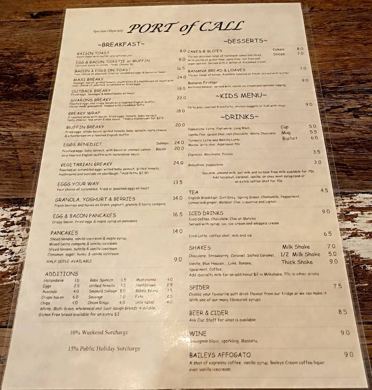 Menu at Port of Call cafe, Portland