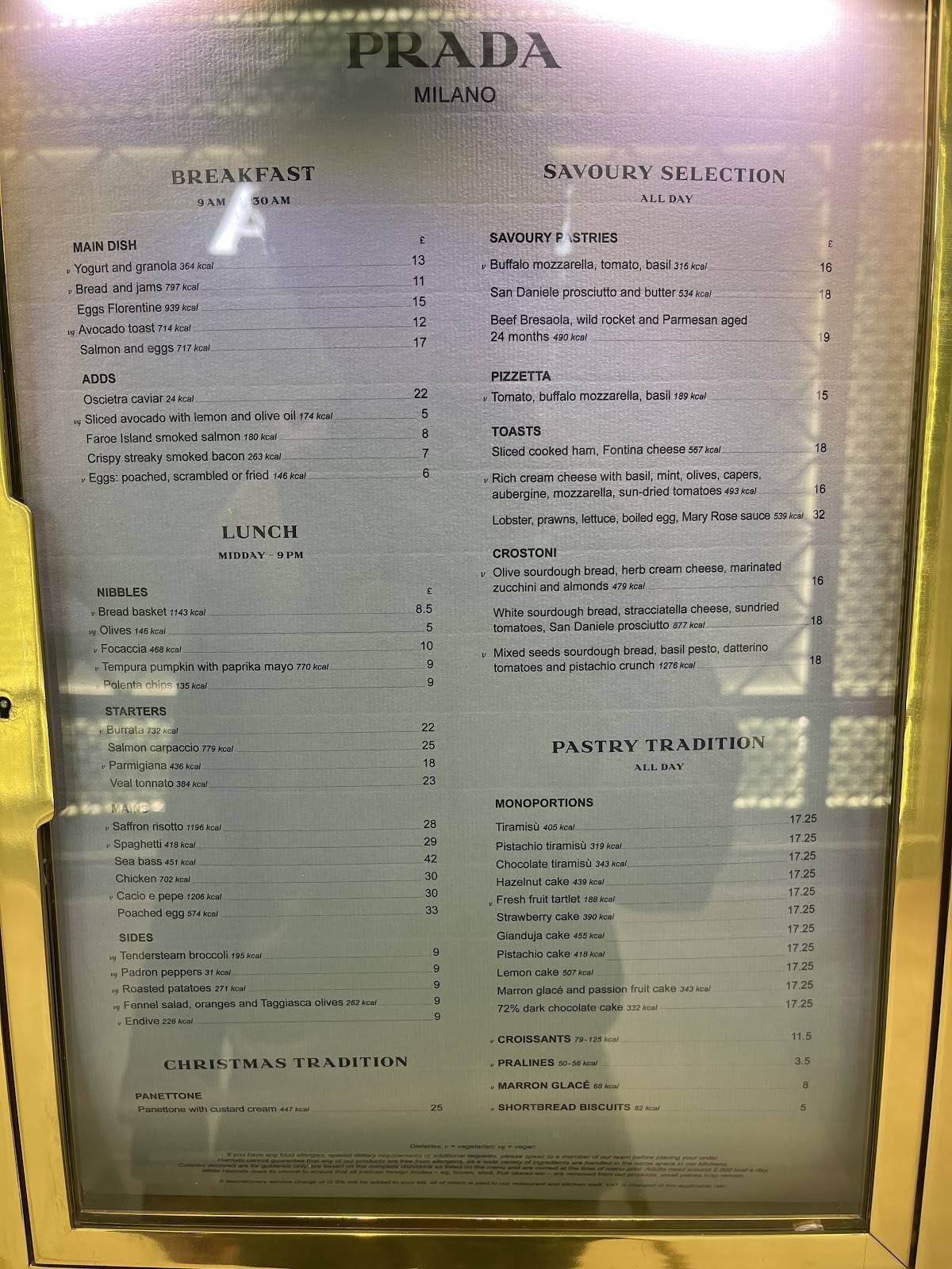 Menu at Prada Caffè cafe, London