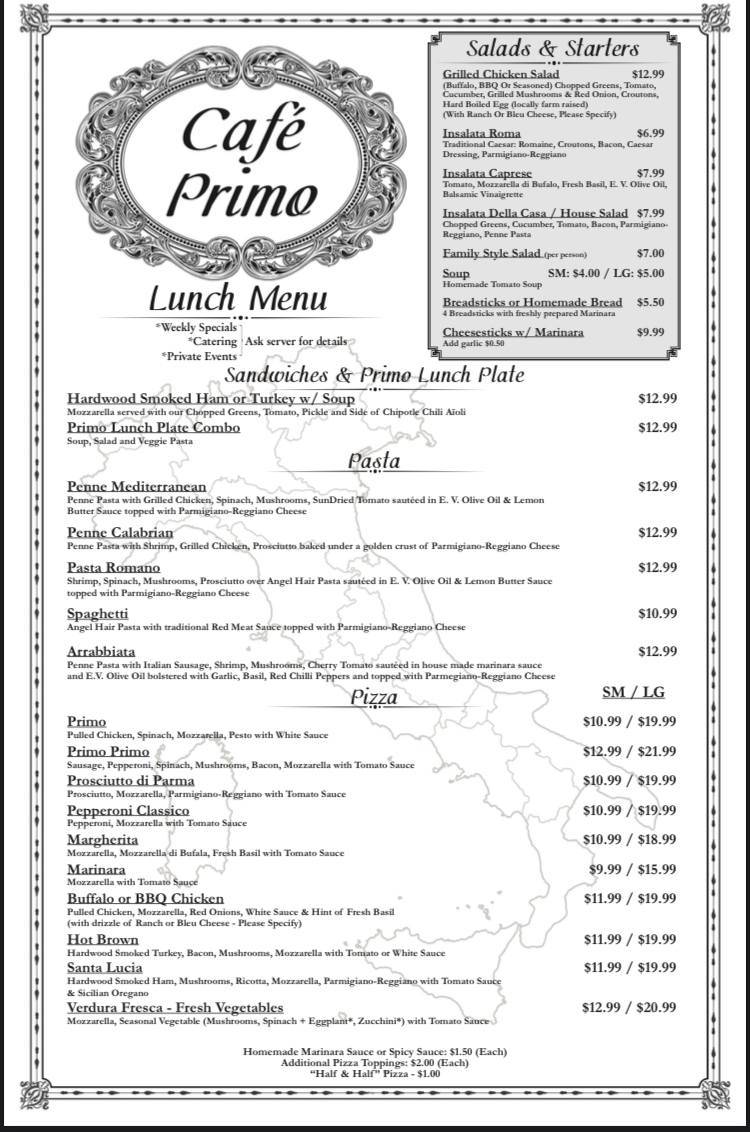Menu at Cafe Primo, Bardstown