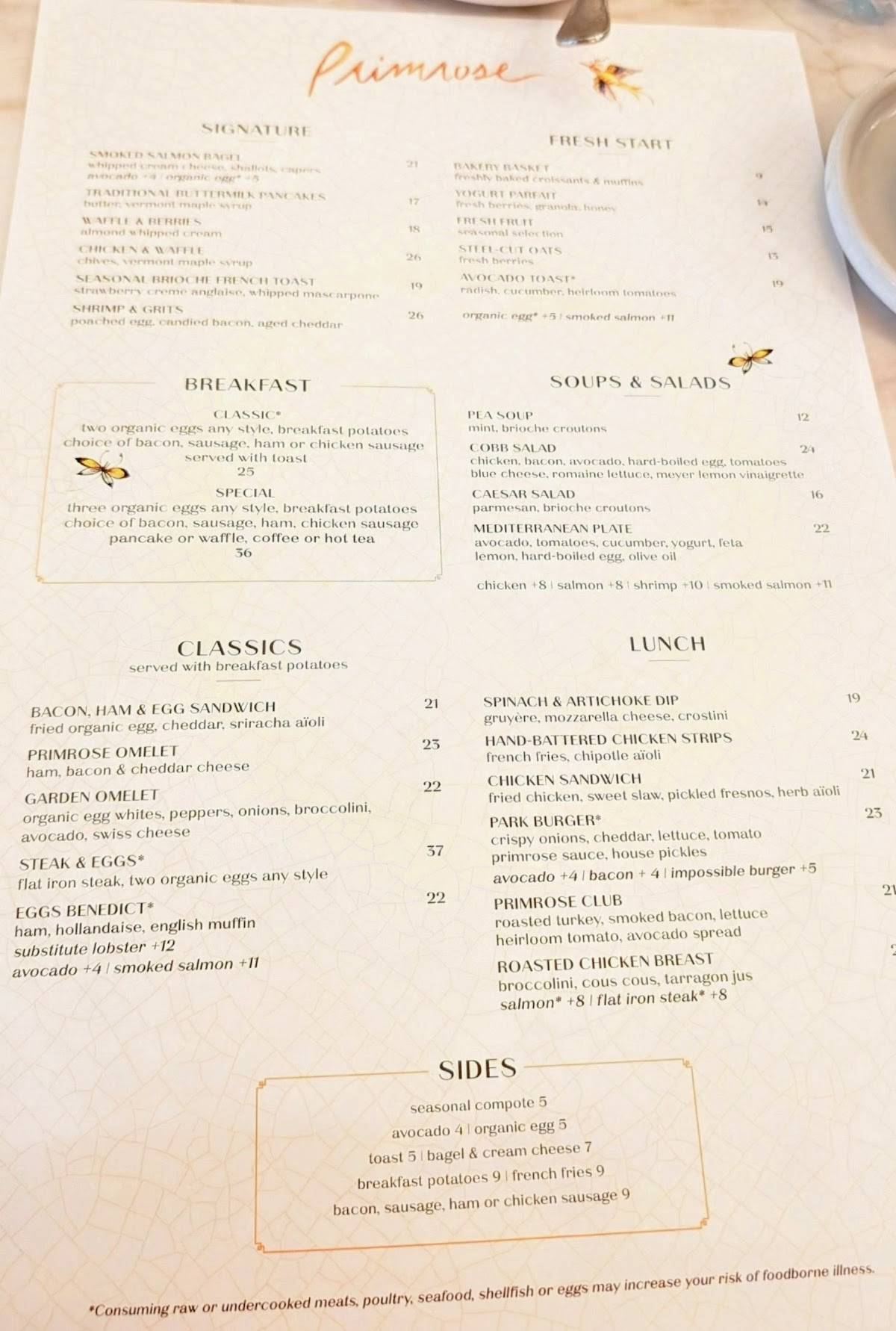 Menu at Primrose cafe, Las Vegas