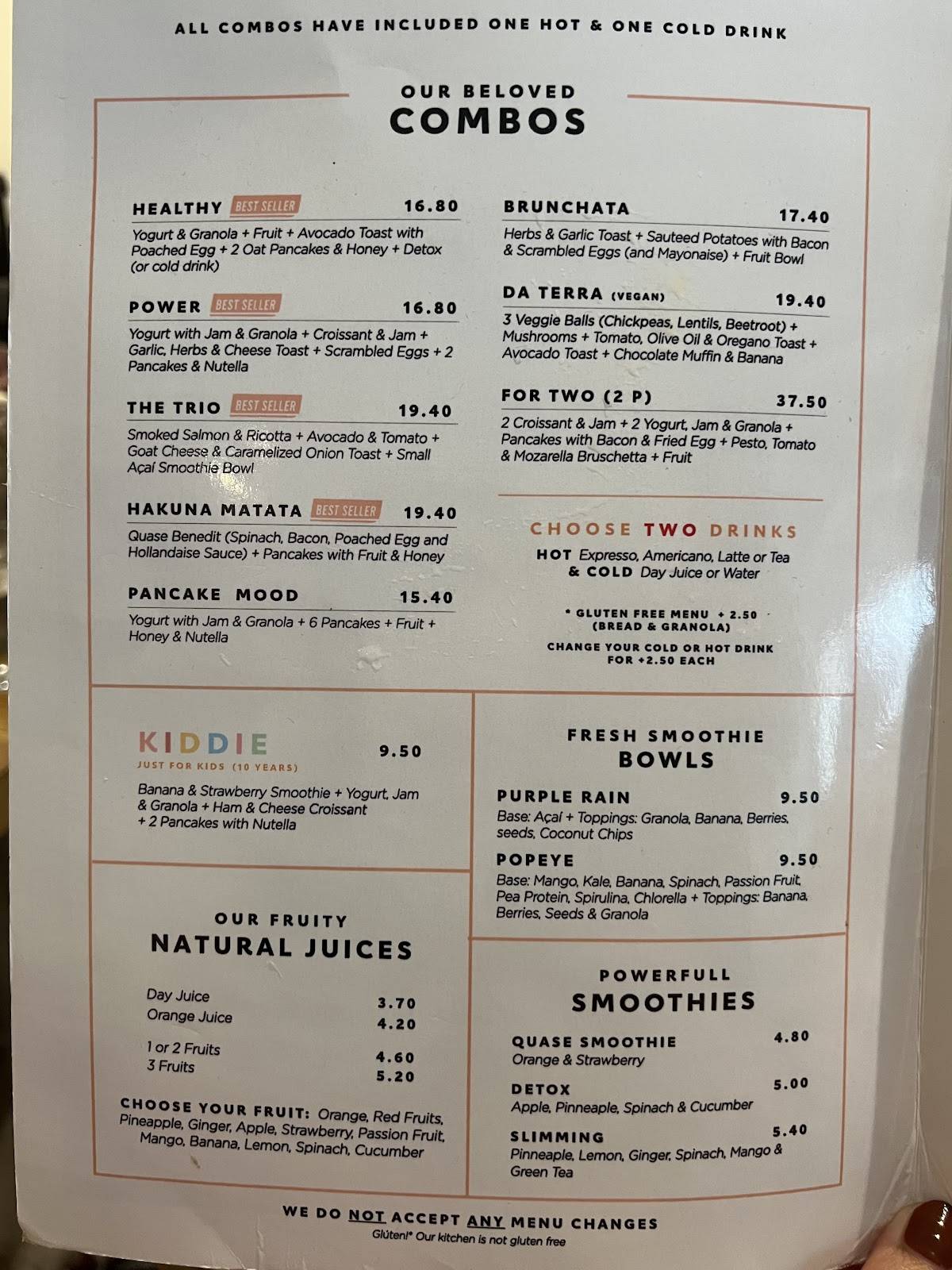 Menu at Quase Café, Lisbon
