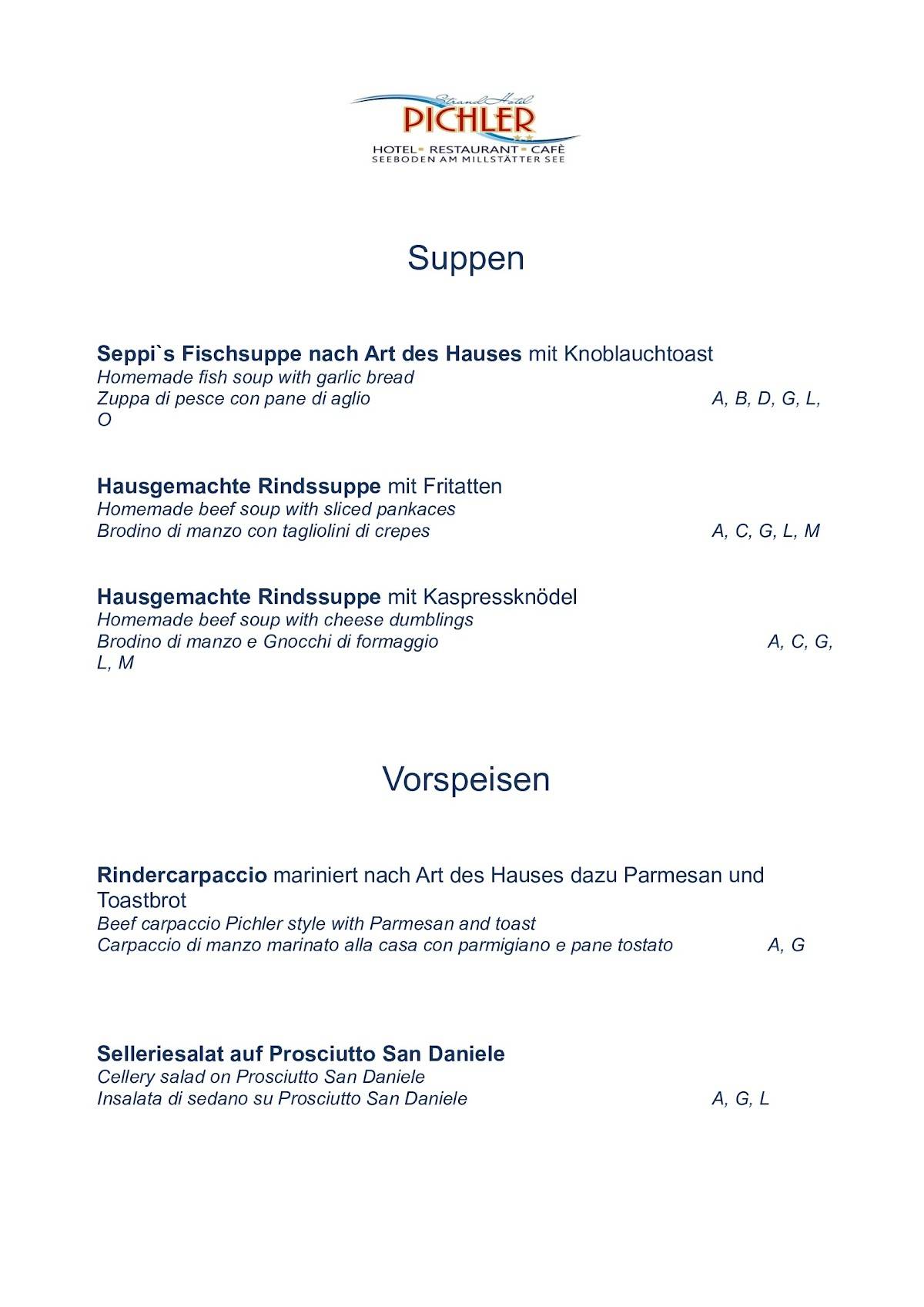 Speisekarte von Restaurant & Strandhotel Pichler, Seeboden