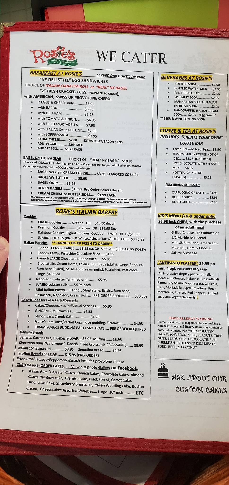 Menu at Rosie's Italian Bakery & NY Style Deli, Daytona Beach