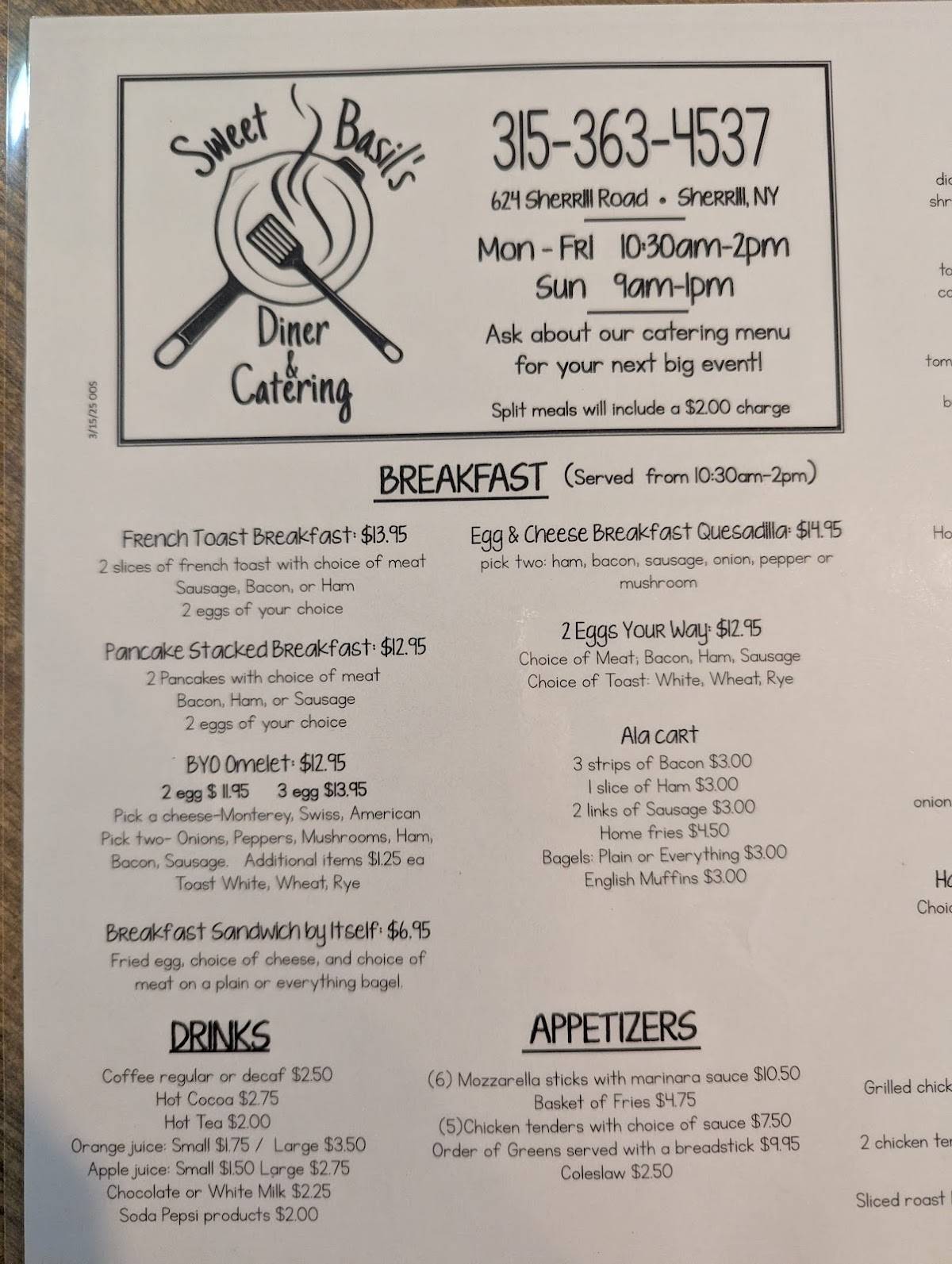 Menu at Sweet Basil's Diner and Catering LLC cafe, Sherrill