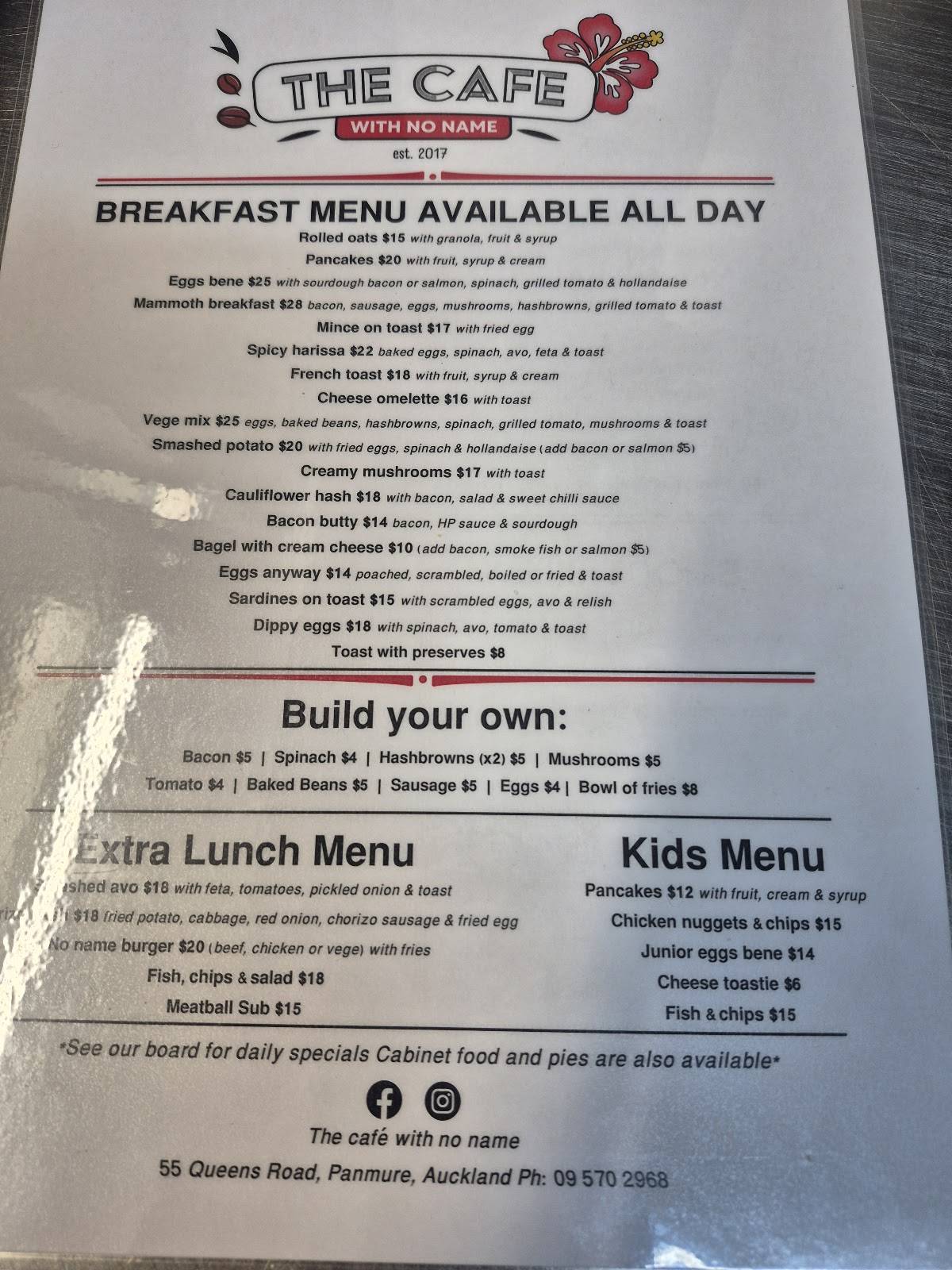 Menu at The Café...with no name cafe, Auckland