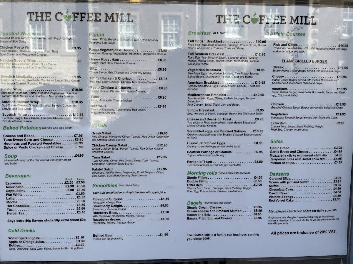 Menu at The Coffee Mill Cafe, Edinburgh, 54 West Port
