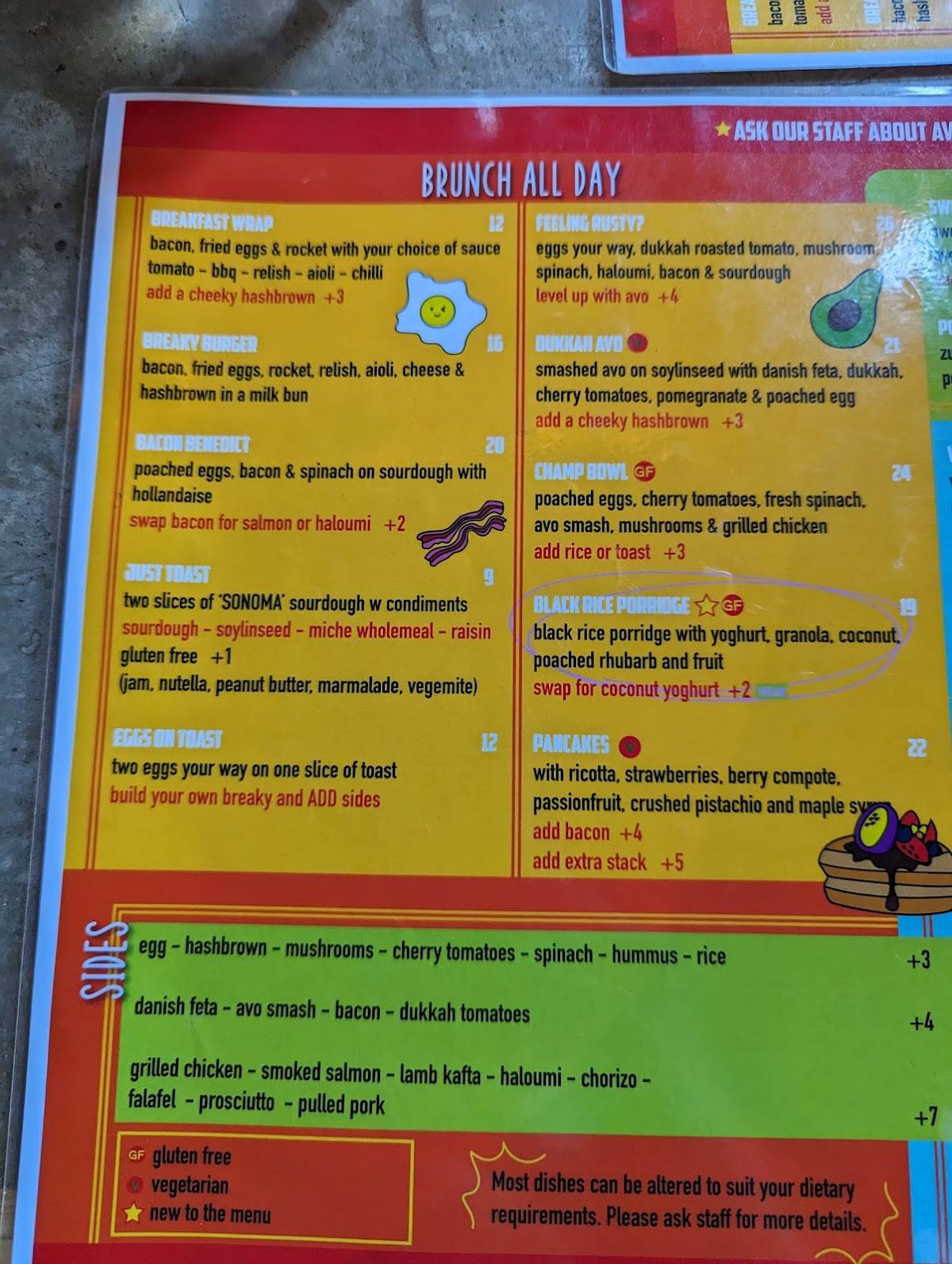 Menu at The Rusty Rabbit cafe, Darlinghurst