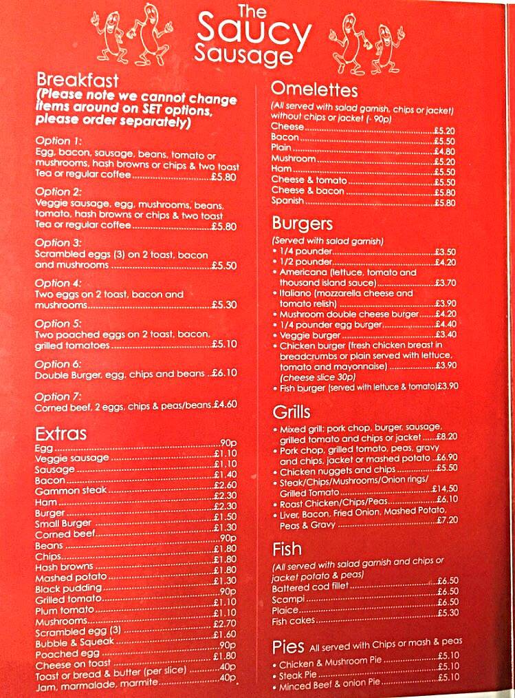Carta del café The Saucy Sausage, Croydon, 259 Lower Addiscombe Rd