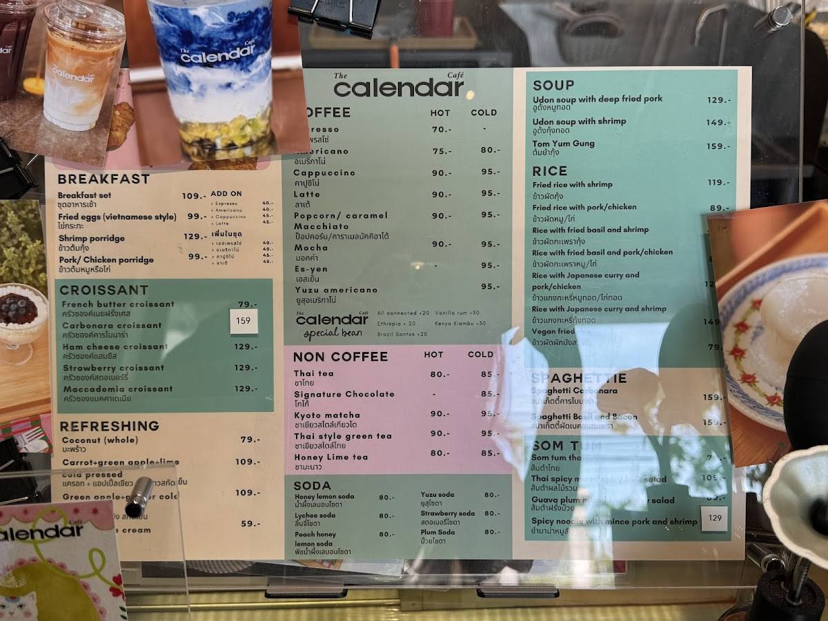 Menu at The calendar cafe, Takhian Tia