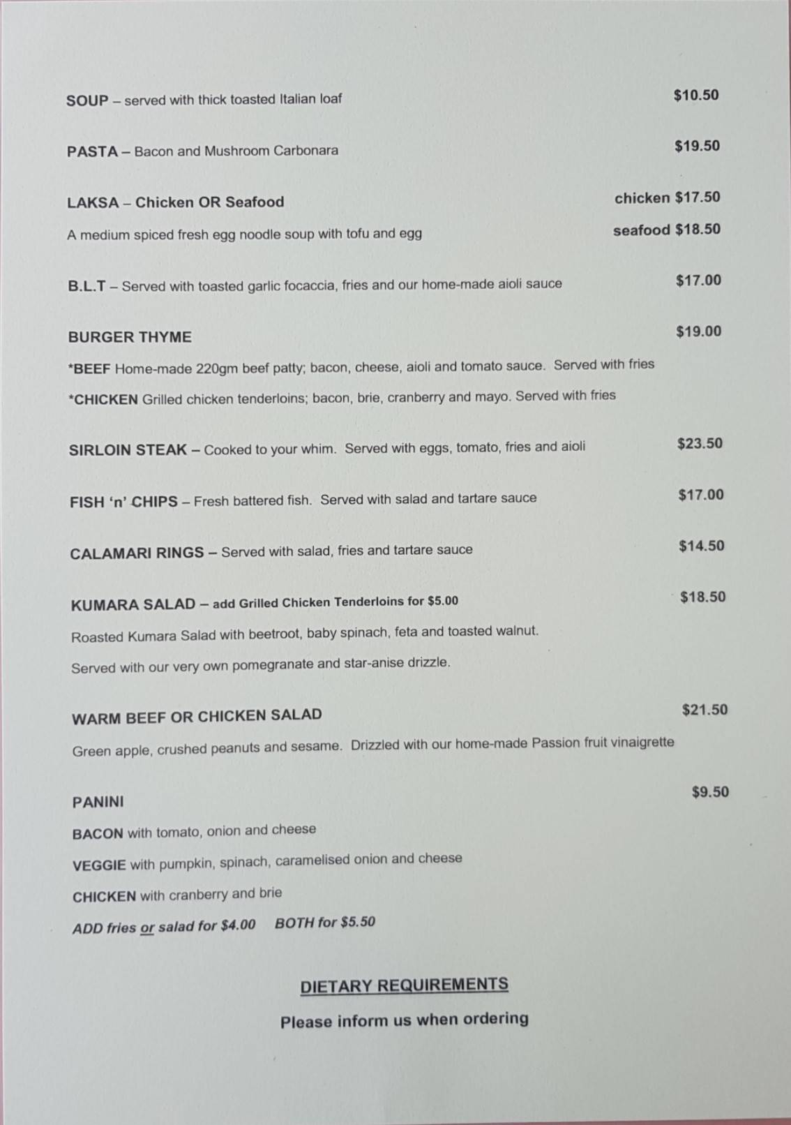 Menu at Cafe Thyme, Wellington