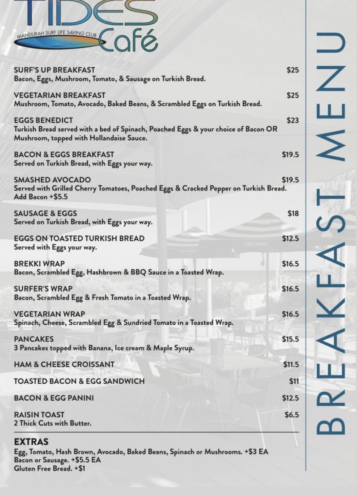 Menu at Tides Cafe, Mandurah