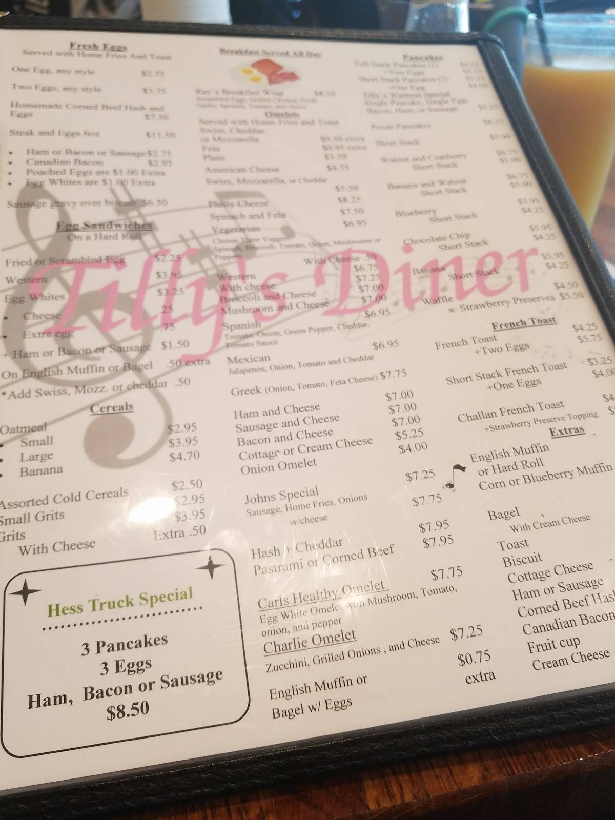 Menu at Tilly's Diner restaurant, Monticello
