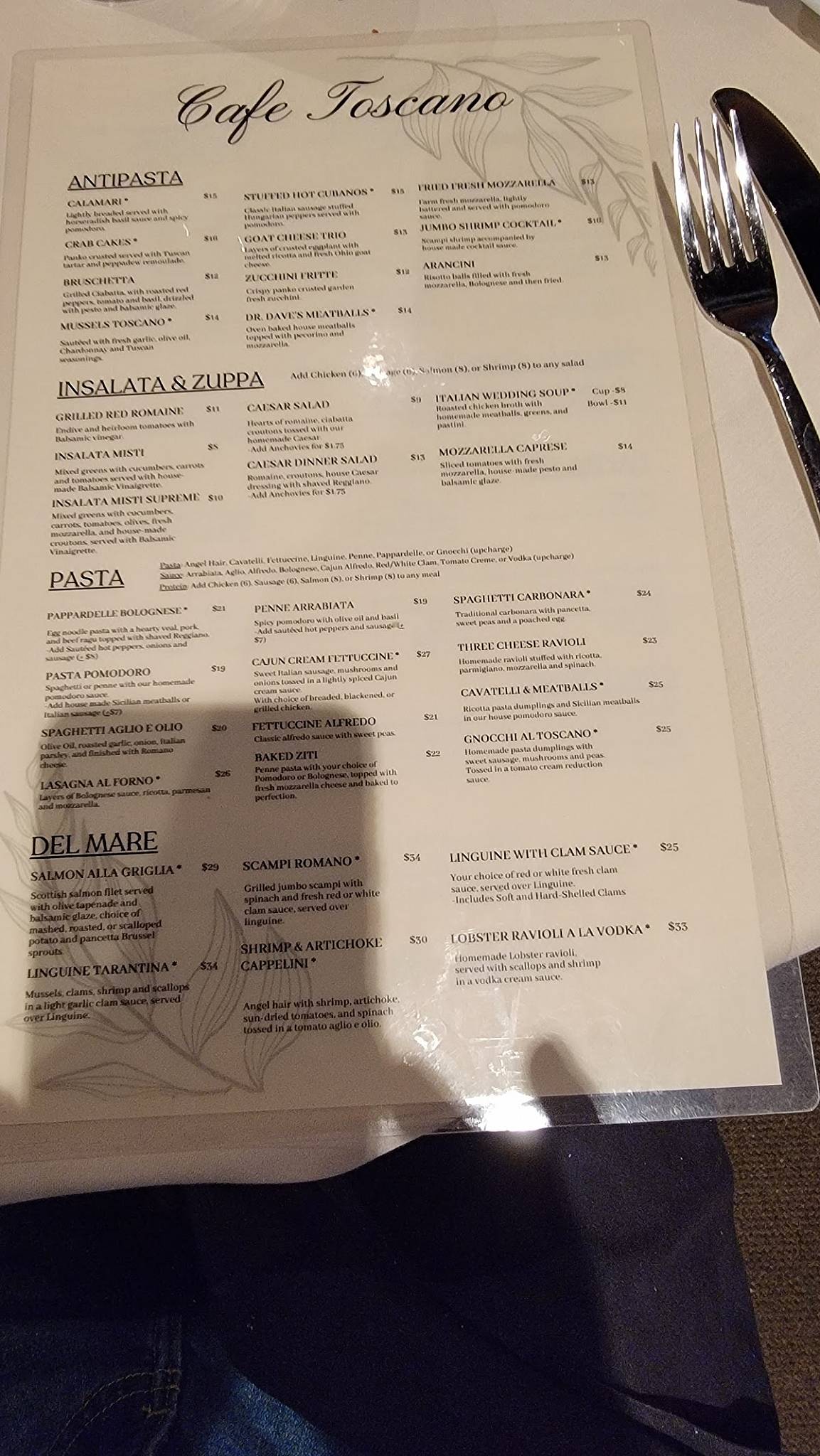 Menu at Cafe Toscano, Aurora