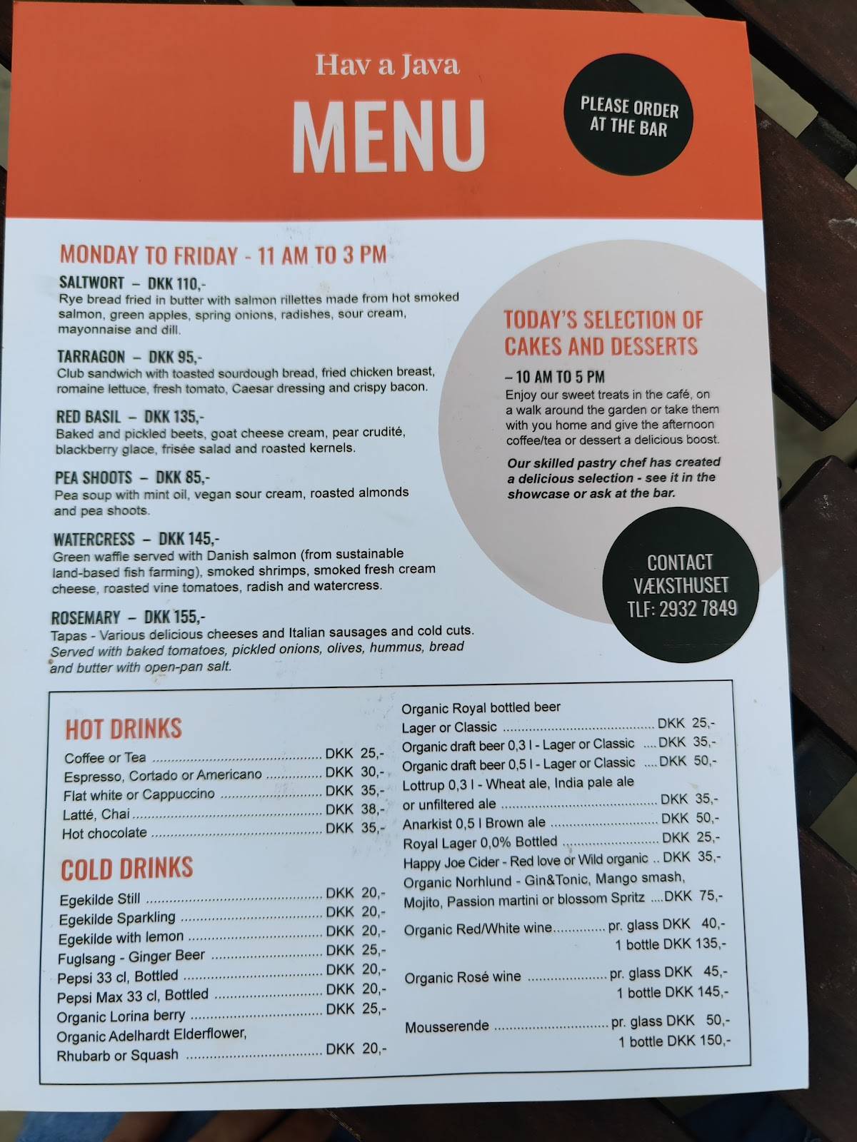 Menu at Cafe Væksthuset, Frederiksberg, Grønnegårdsvej 15