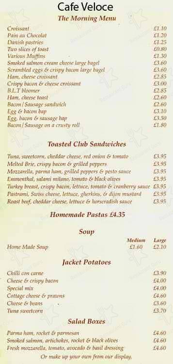Menu at Cafe Veloce, London