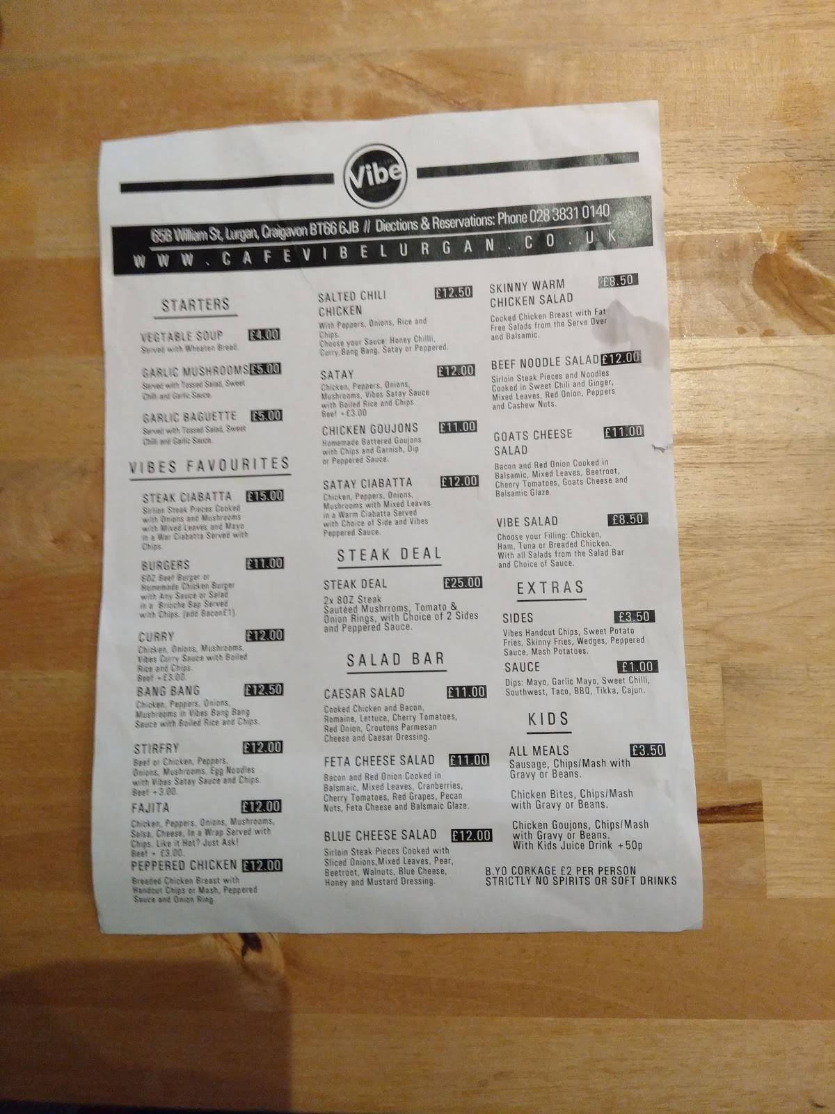 Menu at Vibe restaurant, Lurgan, 65B William St