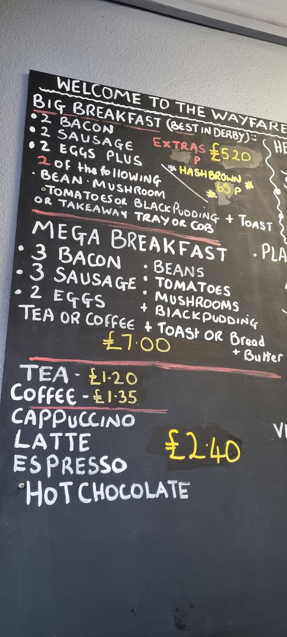 Menu at Wayfarer Cafe, Derby