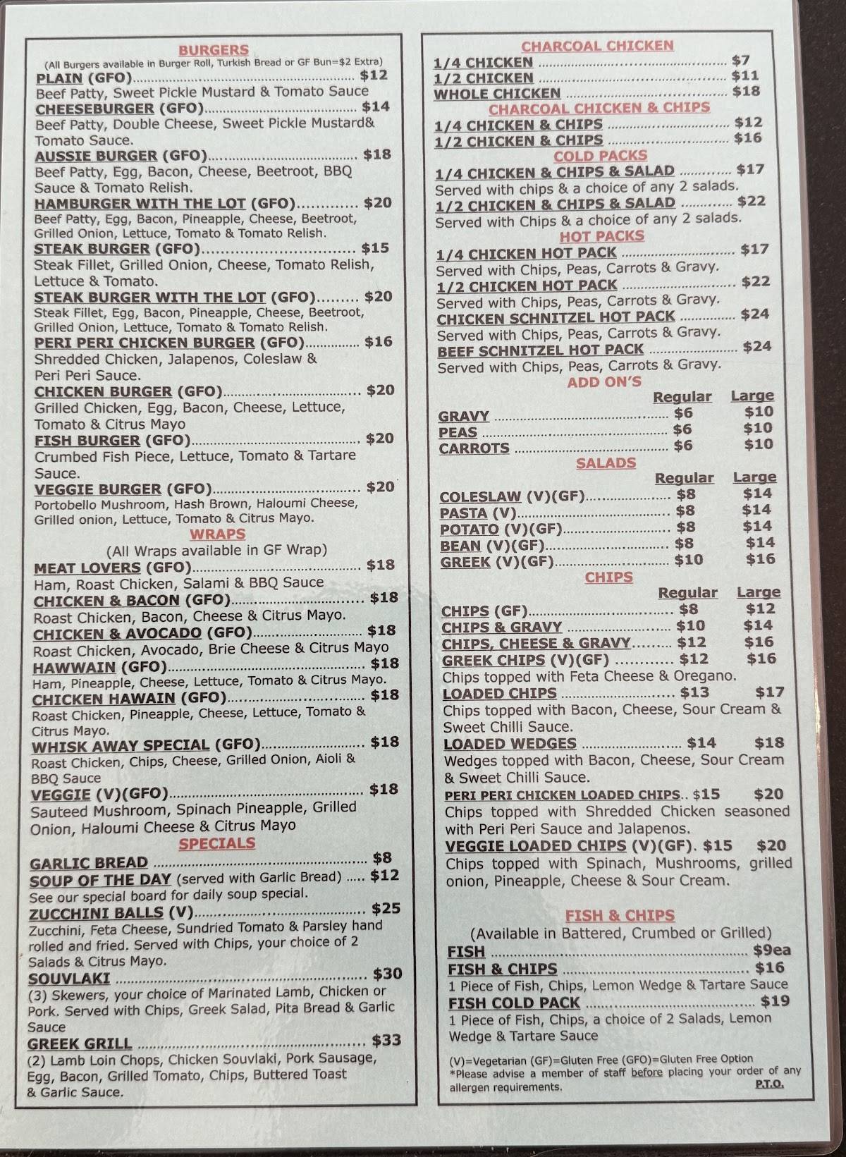 Menu at Whisk Away cafe, Whyalla